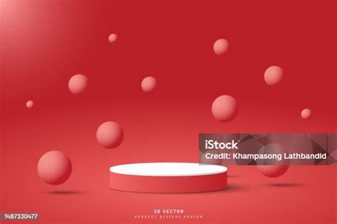추상적인 흰색 빨간색 3d 실린더 연단 받침대 또는 공중에서 공이 떠 있거나 위아래로 튀는 쇼 제품을 위한 무대 쇼케이스를 위한 라운드 3d 무대 장면 벡터 기하학적 플랫폼