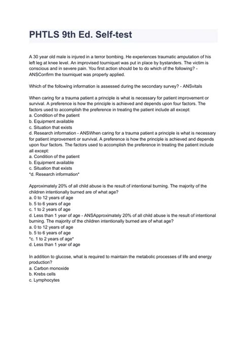 phtls 9th ed self test verified answers phtls 9th edition stuvia uk