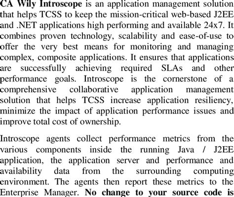 Summary Features Of CA Wily Download Table