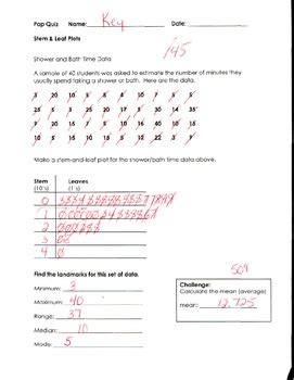 Stem Leaf Plot Quiz With Answer Key By Creativebug TPT