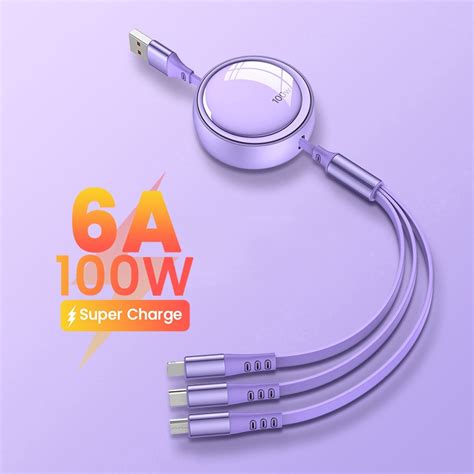 W In Retractable Fast Charging Cable Multiple USB Cord Type C Micro USB Phone Charger