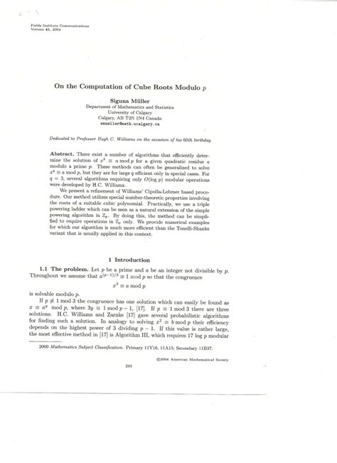 Pdf On The Computation Of Cube Roots Modulo 𝑝
