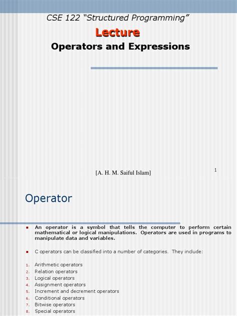 Operators And Expressions Cse 122 Structured Programming Pdf C Programming Language