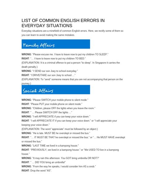 List of Common English Errors in Everyday Situations | PDF
