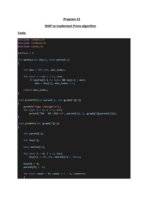 Program 12 Wap To Implement Prims Algorithm Code Pdf Computers