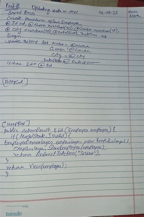 Day 11 Mvcnet Learnt About Updating Data In Mvc 1created Stored Hemanth Adithya Varma