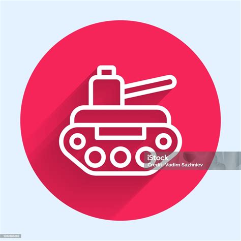 긴 그림자로 격리 된 화이트 라인 군사 탱크 아이콘 빨간색 원 버튼입니다 벡터 고전갑옷에 대한 스톡 벡터 아트 및 기타 이미지 고전갑옷 교통수단 군사 Istock