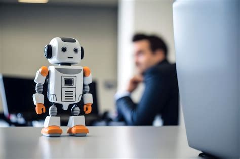 Premium Ai Image Small Robot Assistant On Desk In Office Next To Man