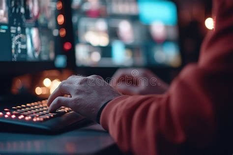 In A Softly Illuminated Workspace A Professional Is Focused On Monitoring Security Feeds With