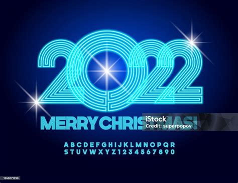 벡터 네온 인사말 카드 메리 크리스마스 2022 전기 미로 알파벳 문자 및 숫자 세트 공휴일에 대한 스톡 벡터 아트 및 기타