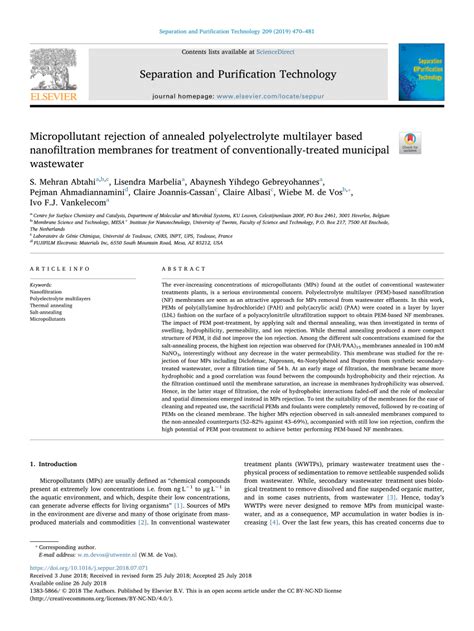 Pdf Micropollutant Rejection Of Annealed Polyelectrolyte Multilayer