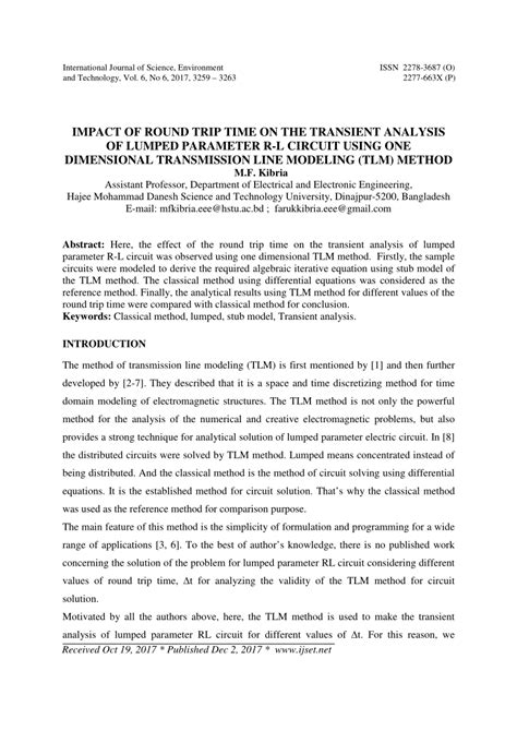 Pdf Impact Of Round Trip Time On The Transient Analysis Of Lumped Parameter R L Circuit Using