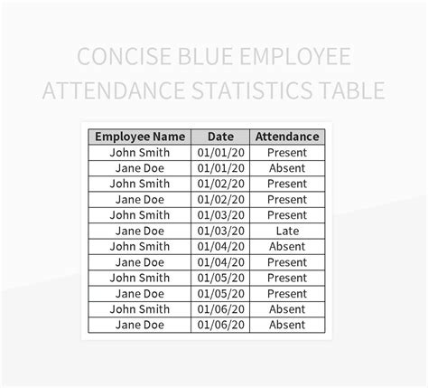 Concise Blue Employee Attendance Statistics Table Excel Template And Google Sheets File For Free
