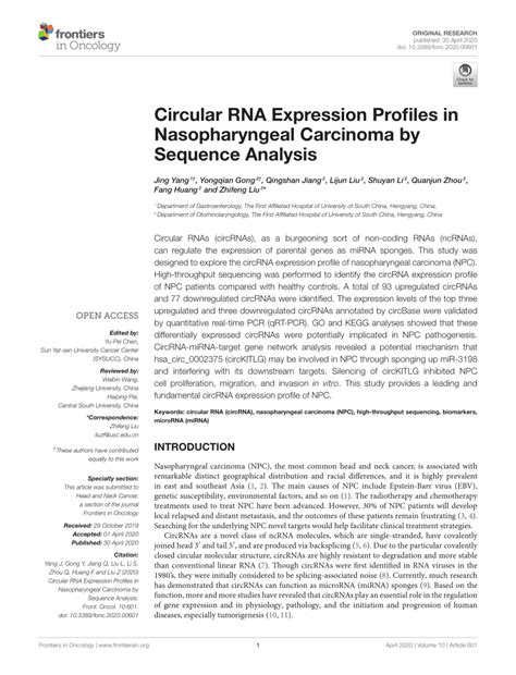 PDF Circular RNA Expression Profiles In Nasopharyngeal Carcinoma By Sequence Analysis