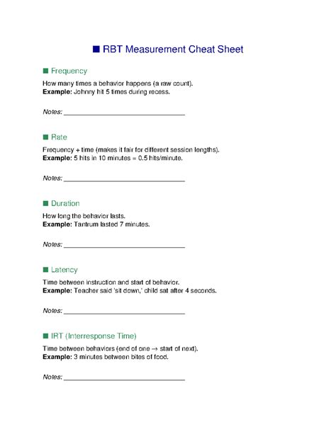 Rbt Measurement Cheat Sheet Frequency Rate And Duration Techniques