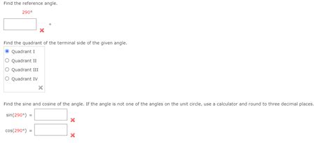 solved find the reference angle 290°find the quadrant of the