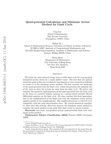 Pdf Quasi Potential Calculation And Minimum Action Method For Limit Cycle