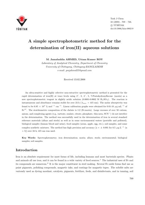 Pdf A Simple Spectrophotometric Method For The Determination Of Iron