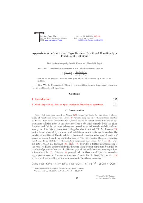 Pdf Approximation Of The Jensen Type Rational Functional Equation By A Fixed Point Technique