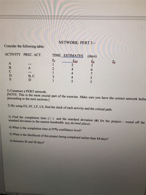 solved network pert 3 consider the following table