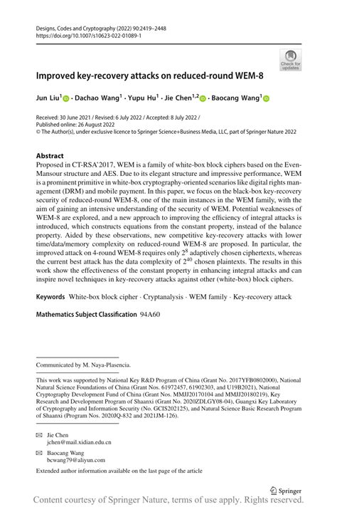 Improved Key Recovery Attacks On Reduced Round Wem 8 Request Pdf