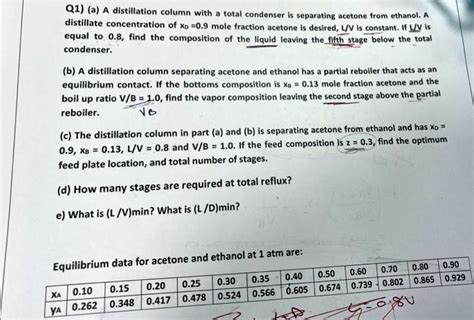 Solved Q1a A Distillation Column With A Total Condenser Is Separating Acetone From Ethanol B
