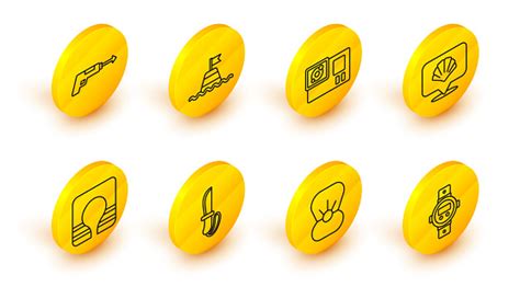 세트 라인 다이빙 시계 진주 칼 구명 조끼 가리비 바다 조개 액션 카메라 떠 다니는 부표 및 낚시 작살 아이콘 벡터 3차원 형태에 대한 스톡 벡터 아트 및 기타 이미지