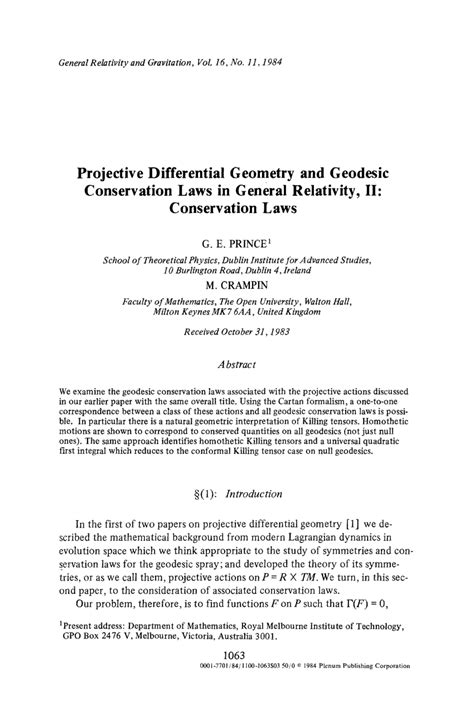 Pdf Projective Differential Geometry And Geodesic Conservation Laws