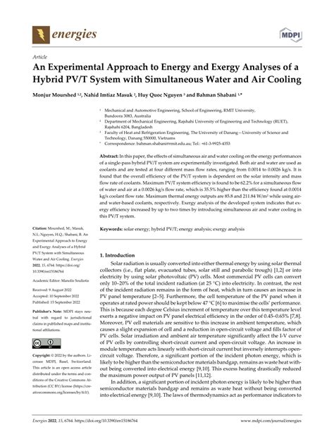 Pdf An Experimental Approach To Energy And Exergy Analyses Of A Hybrid Pv T System With