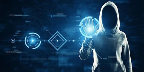 Premium Photo Hacker Using Abstract Digital Business Interface On Blurry Blue Background