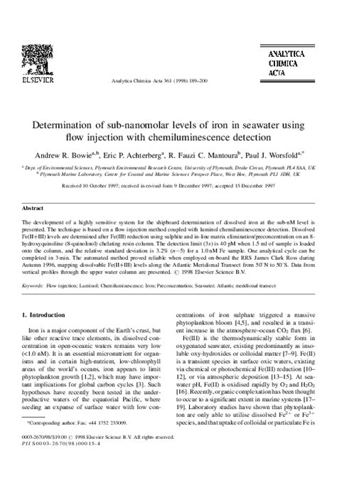 Pdf Determination Of Sub Nanomolar Levels Of Iron In Seawater Using Flow Injection With