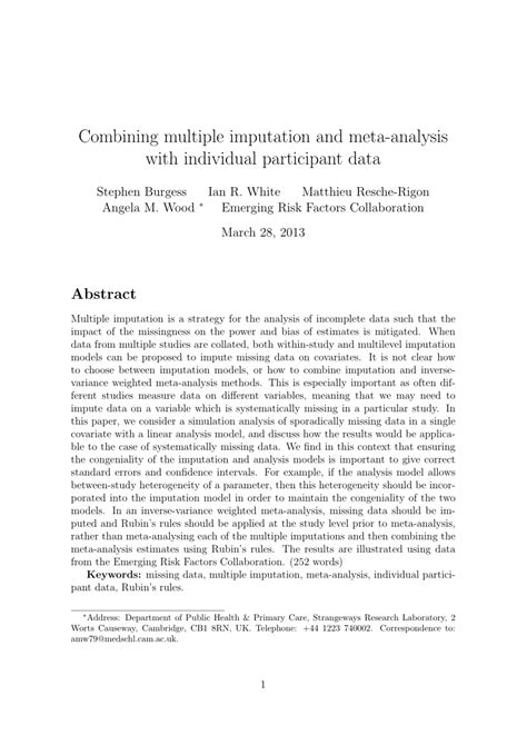 Pdf Combining Multiple Imputation And Meta Analysis With Individual