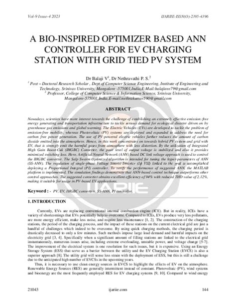 Pdf A Bio Inspired Optimizer Based Ann Controller For Ev Charging Station With Grid Tied Pv System