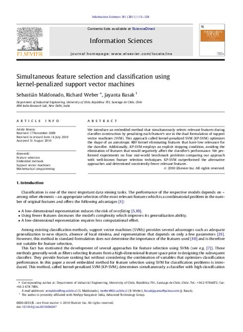 Pdf Simultaneous Feature Selection And Classification Using Kernel Penalized Support Vector