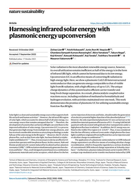 Harnessing Infrared Solar Energy With Plasmonic Energy Upconversion