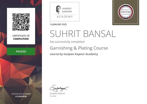 Certificate Of Completion Garnishing And Plating Course Suhrit Bansal