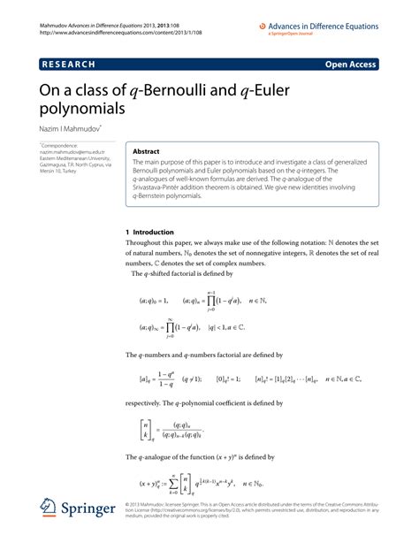 Pdf On A Class Of Q Bernoulli And Q Euler Polynomials