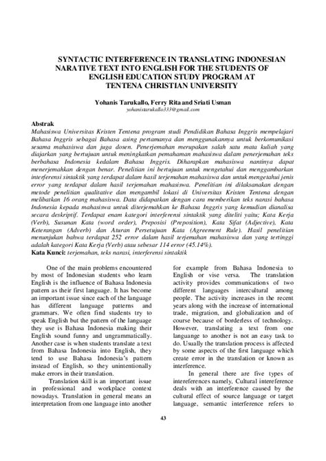 Pdf Syntactic Interference In Translating Indonesian Narative Text Into English For The