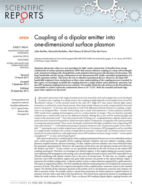 Pdf Coupling Of A Dipolar Emitter Into One Dimensional Surface Plasmon