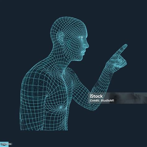 남자는 그의 손가락을 가리키는입니다 남자 기하학적 디자인의 3d 모델입니다 벡터 일러스트입니다 3d 다각형 덮 음 피부입니다