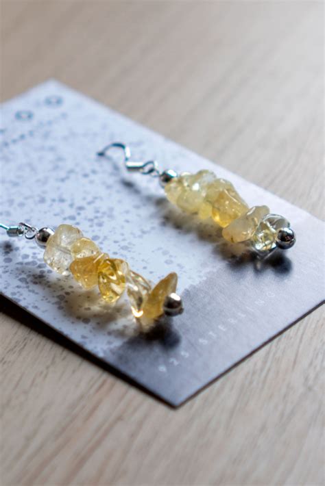 925 Sterling Silver Citrine Gemstone Chip Ball Bead Drop Earrings