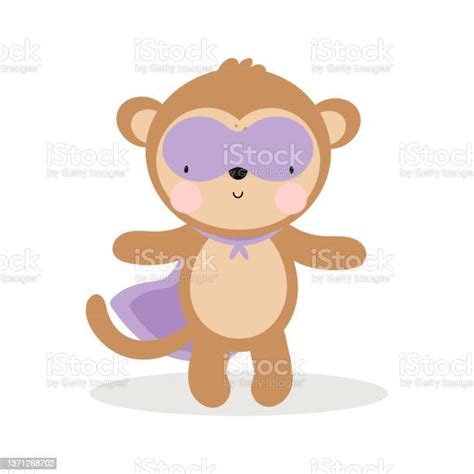 귀여운 원숭이 슈퍼 히어로 만화 스타일 흰색 배경의 벡터 그림입니다 어린이 물건 카드 포스터 배너 어린이 책 및 옷 티셔츠 인쇄 갈색에 대한 스톡 벡터 아트 및 기타 이미지
