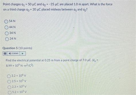 Solved Point Charges Q1 50μc And Q2 −25μc Are Placed 1 0 M
