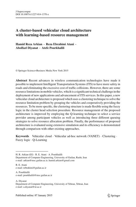 Pdf A Cluster Based Vehicular Cloud Architecture With Learning Based Resource Management