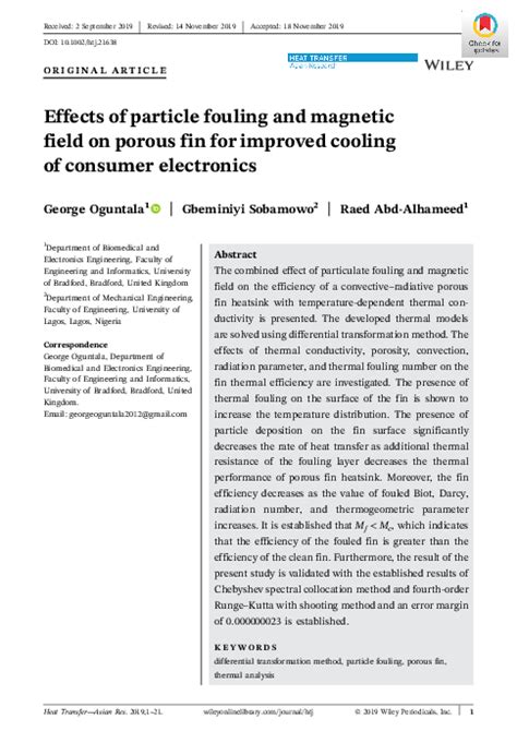 Pdf Effects Of Particle Fouling And Magnetic Field On Porous Fin For Improved Cooling Of