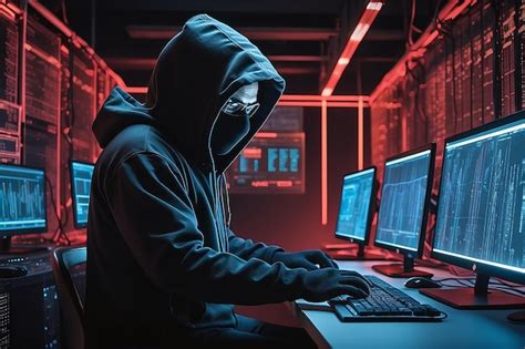 premium photo masked hacker is using computer for organizing massive