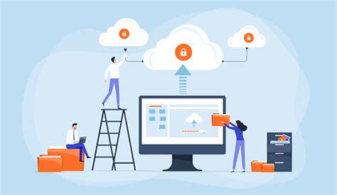 비즈니스 플랫 벡터 설계 기술 파일 클라우드 서버 스토리지 개념에 백업을 업로드합니다 컴퓨터 모니터로 작업하는 팀 관리자 및