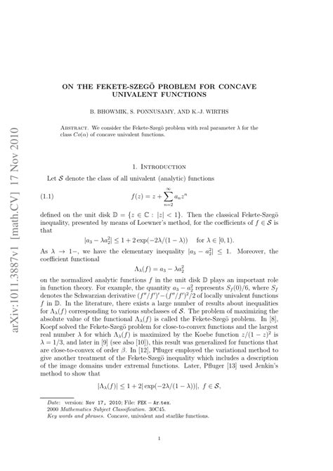 Pdf On The Fekete Szego Problem For Concave Univalent Functions