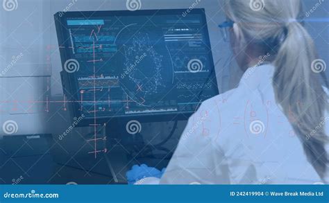 Animation Of Mathematical Equations Over Caucasian Female Doctor Stock