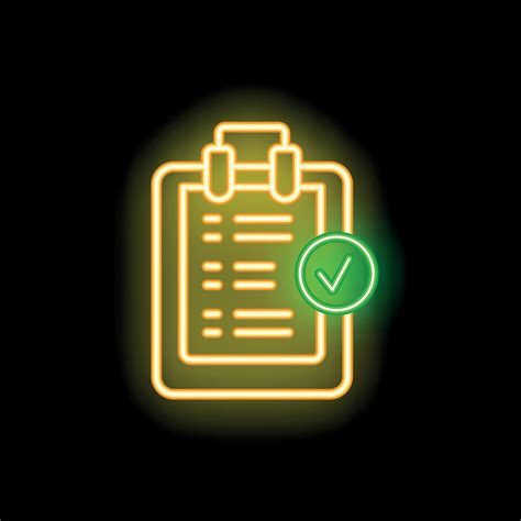 Neon Green Check Mark On Clipboard Representing Completed Task On Black Background 52859819